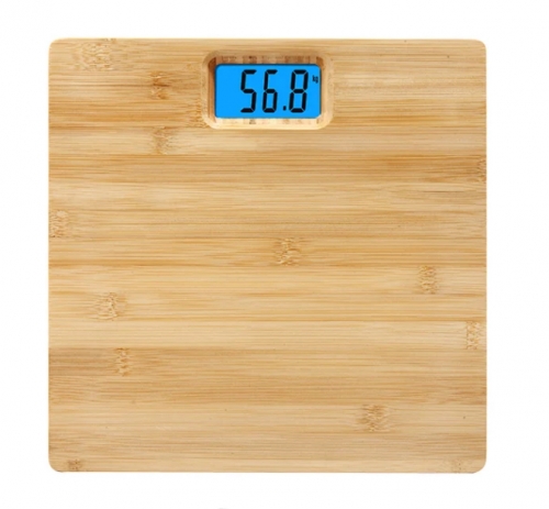 LCD display in blue backlit natural bamboo platform personal body ...